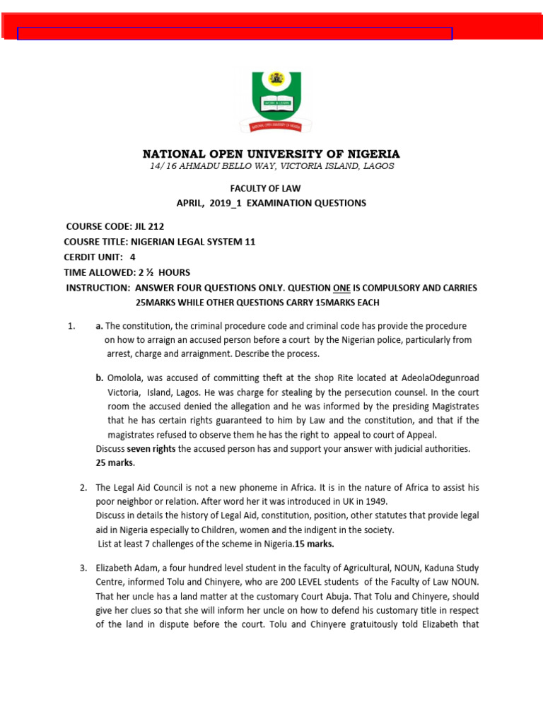 Exams Question Jil 212 | PDF | Nigeria | Legal Aid