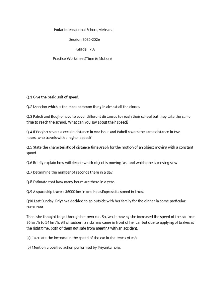 PIS Worksheet Grade 7 Time and Motion | PDF