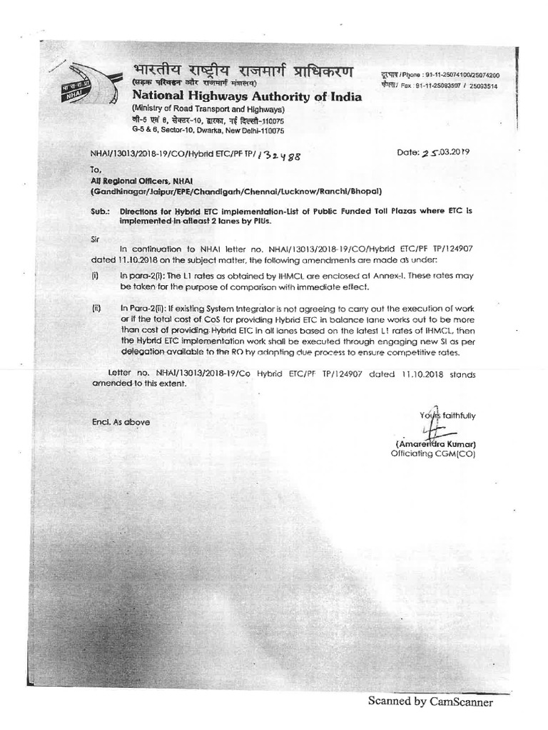 NHAI Circular No. 132488 Dated 25.03.2019 Reg. H-ETC COS | PDF