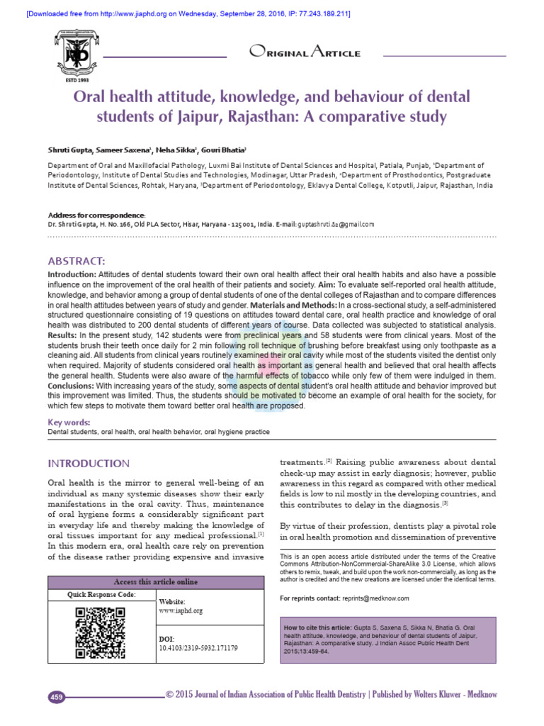 Dental Students' Oral Health Attitudes in Jaipur | PDF | Dentistry ...