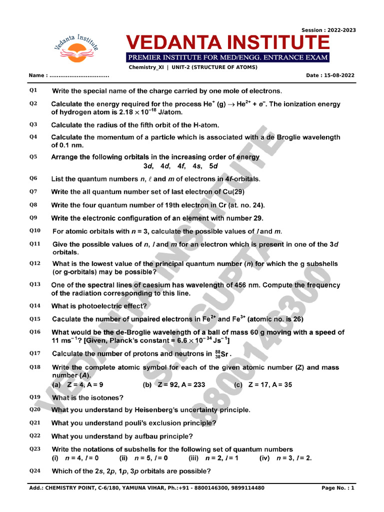 Unit-2 (Structure of Atoms) | PDF