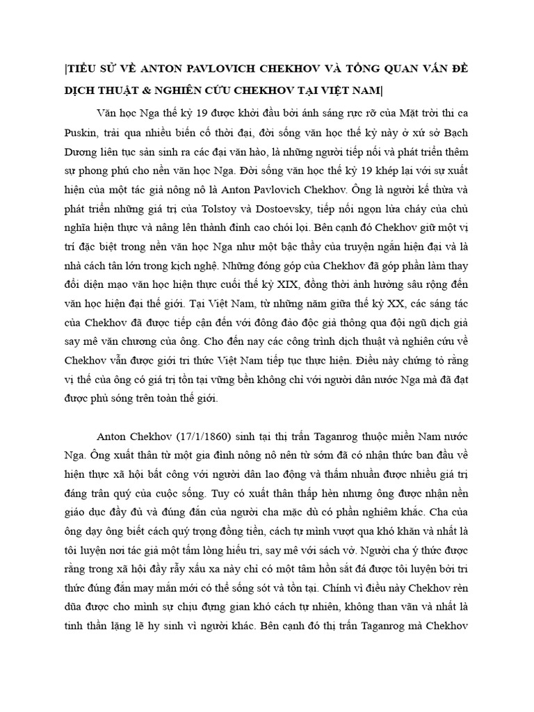 - tiểu Sử Về Anton Pavlovich Chekhov Và Tổng Quan Vấn Đề Dịch Thuật & Nghiên Cứu Chekhov Tại ...