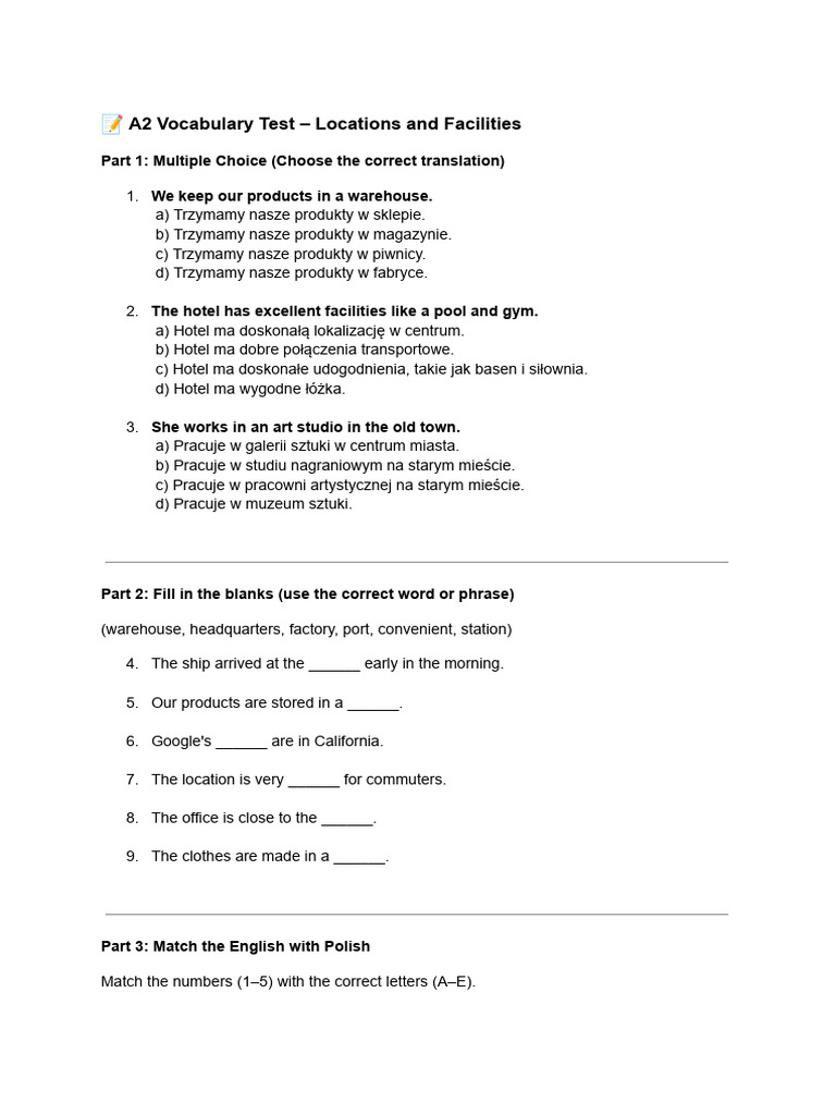 ? A2 Vocabulary Test - Locations and Facilities | PDF