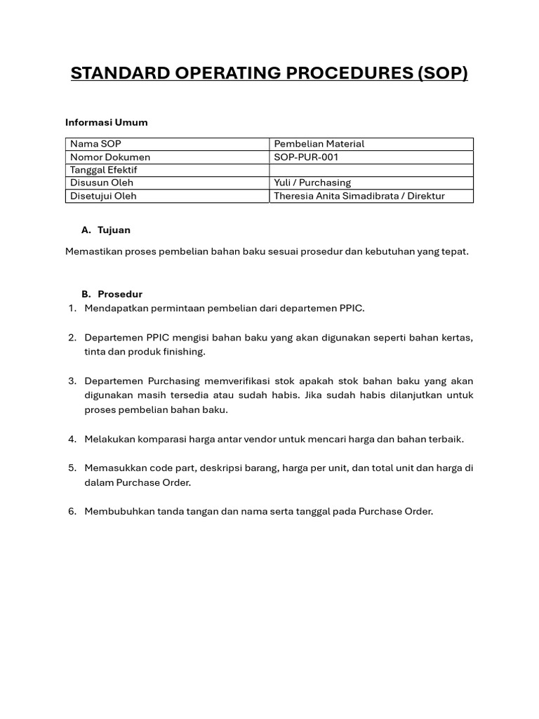 Prosedur Pembelian Material SOP | PDF