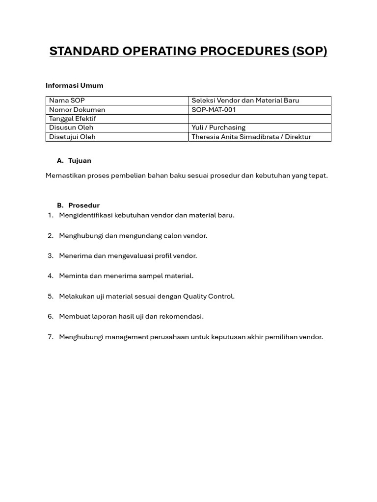 SOP Seleksi Vendor dan Material Baru | PDF