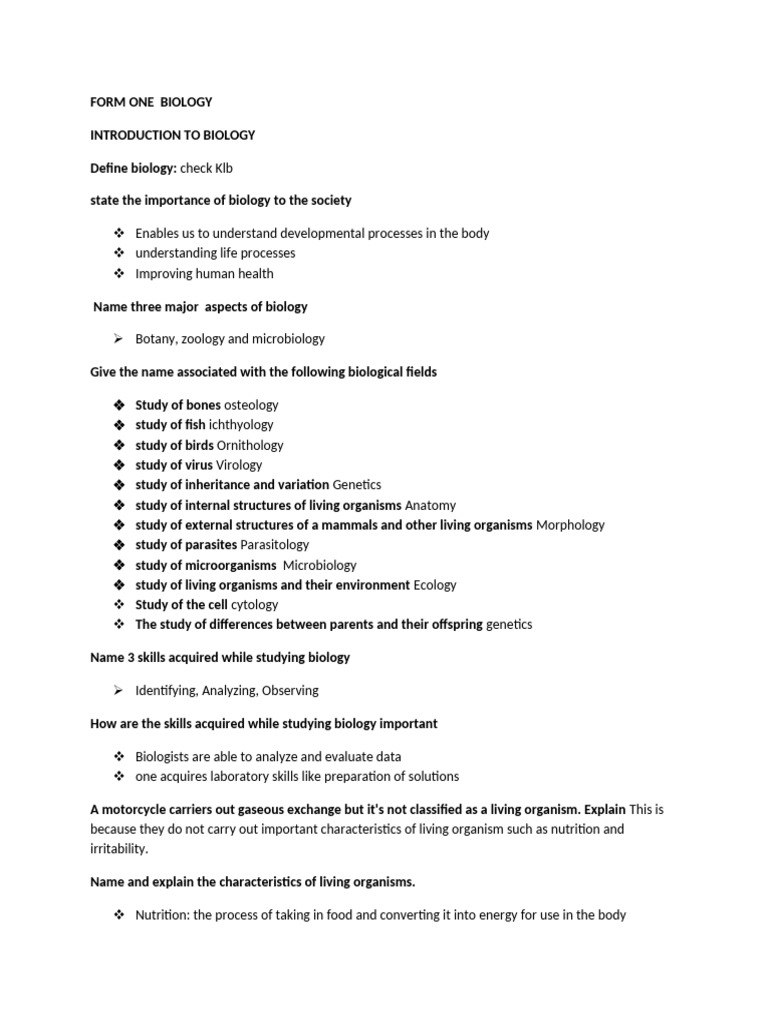 Introduction To Form One Biology 1 | PDF | Biology | Nutrition