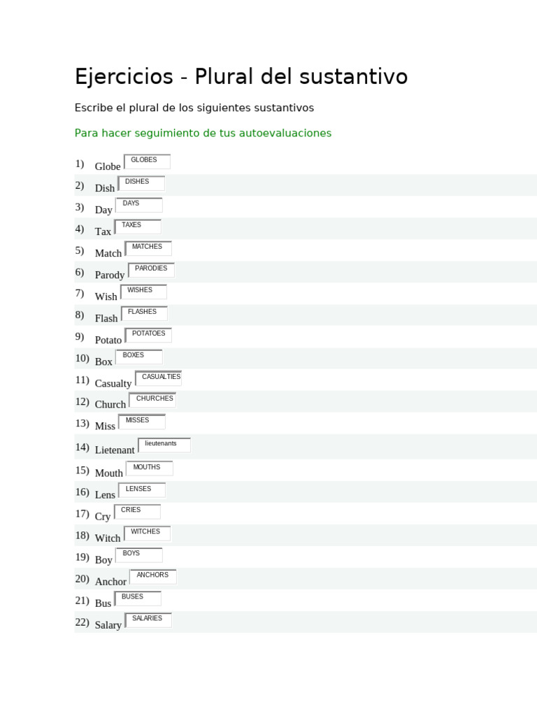 Ejercicios Sustantivos Plurales Terminado | PDF