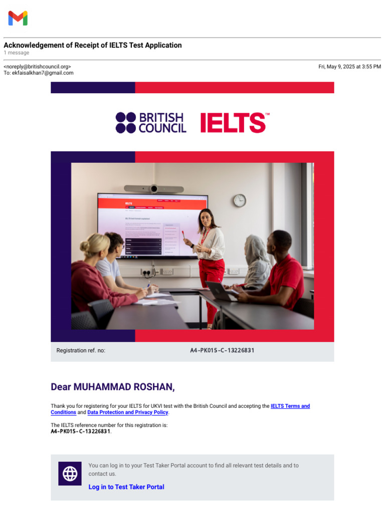 Gmail - Acknowledgement of Receipt of IELTS Test Application | PDF ...