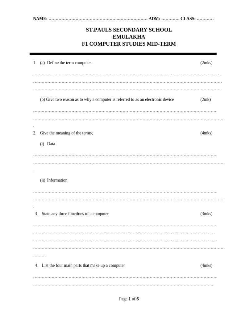 f1 Computer Studies Starter Exam t2 2021 | PDF | Computing