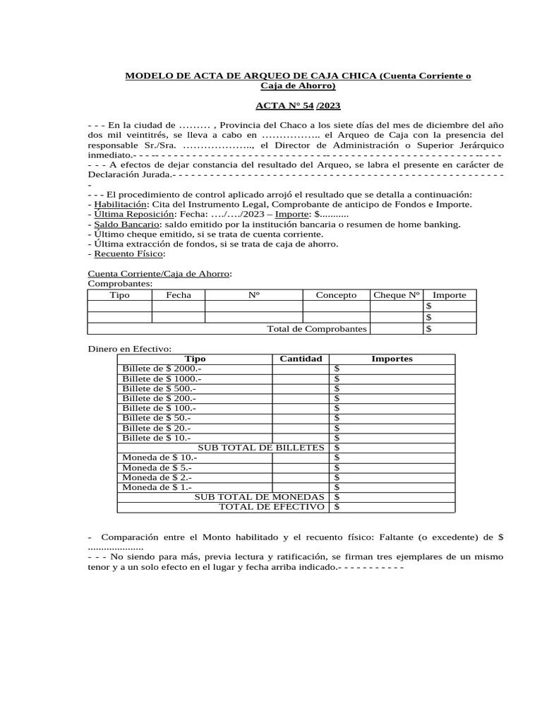 Modelo de Acta de Arqueo de Caja Chica - Ctas Brias | PDF | Dinero | Billete de banco