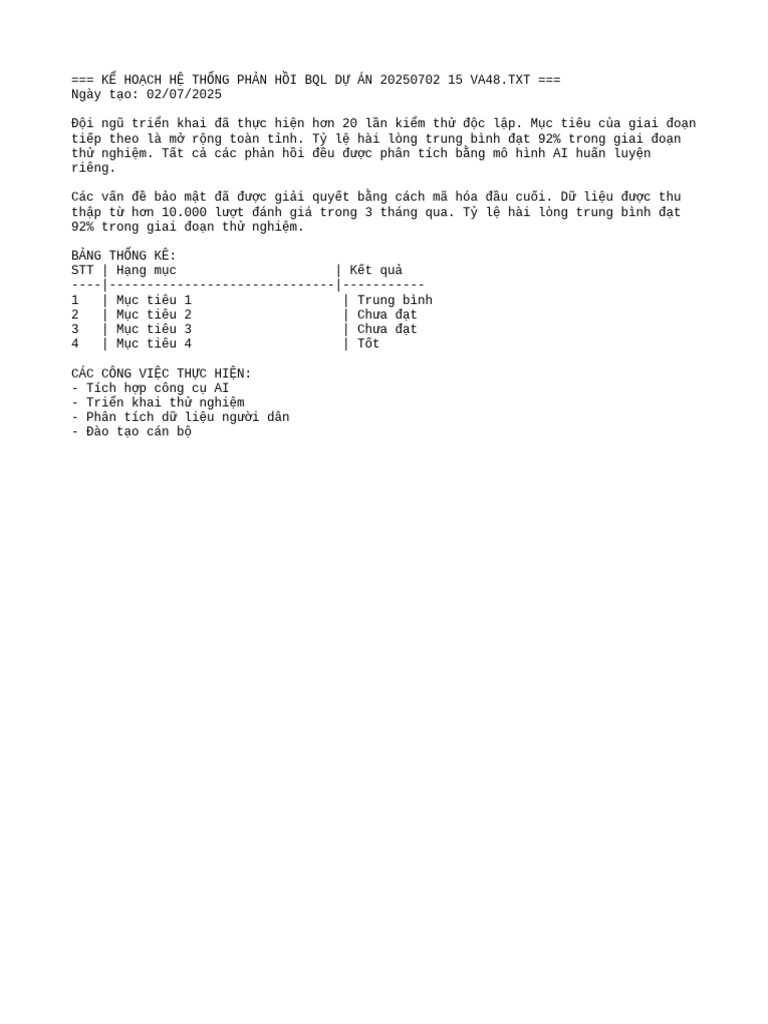 kế hoạch hệ thống phản hồi bql dự án 20250702 15 va48 | PDF