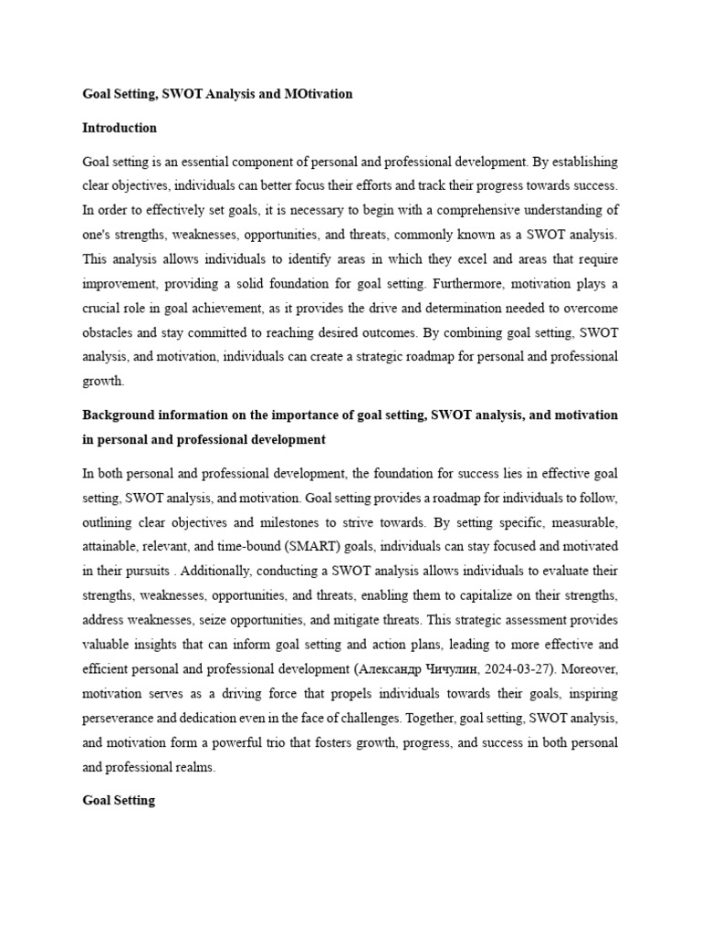 'Goal Setting, SWOT Analysis and MOtivation' With You | PDF | Goal ...