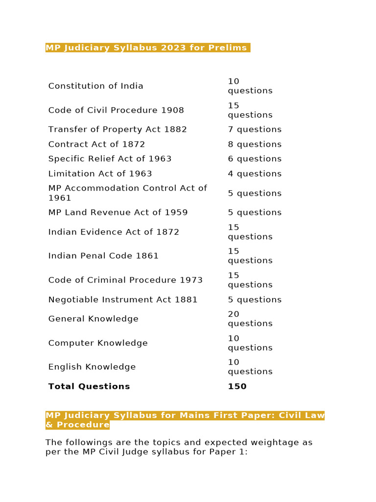 MP Judiciary Exam Syllabus 2023 | PDF | Judgment (Law) | Judiciaries