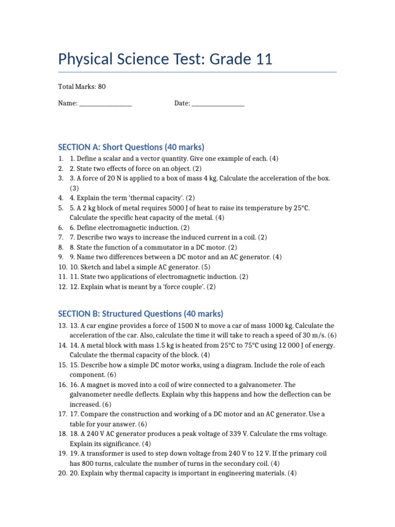 Stanmore Secondary Grade 11 Physics Test | PDF | Electric Motor | Inductor