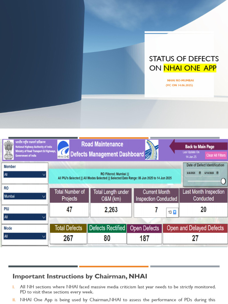 Status of Defects ON NHAI ONE APP | PDF