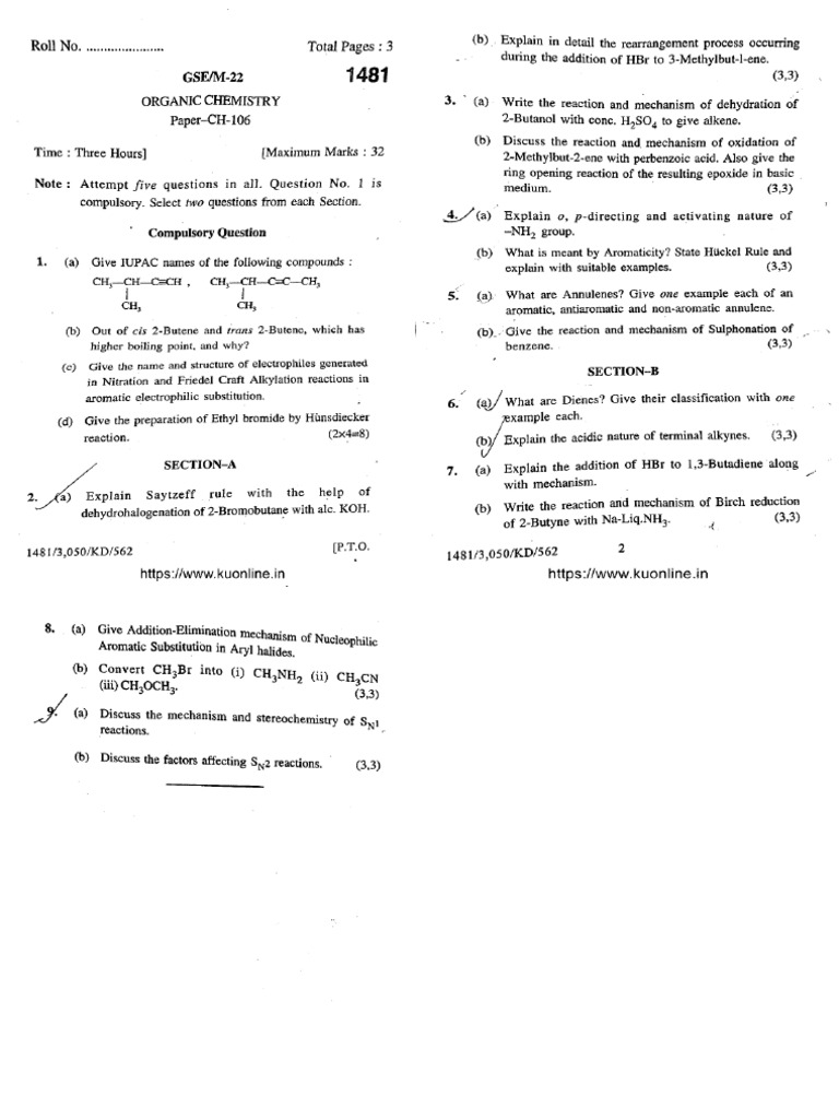 BSC 1 Sem Organic Chemistry 1481 May 2022 | PDF