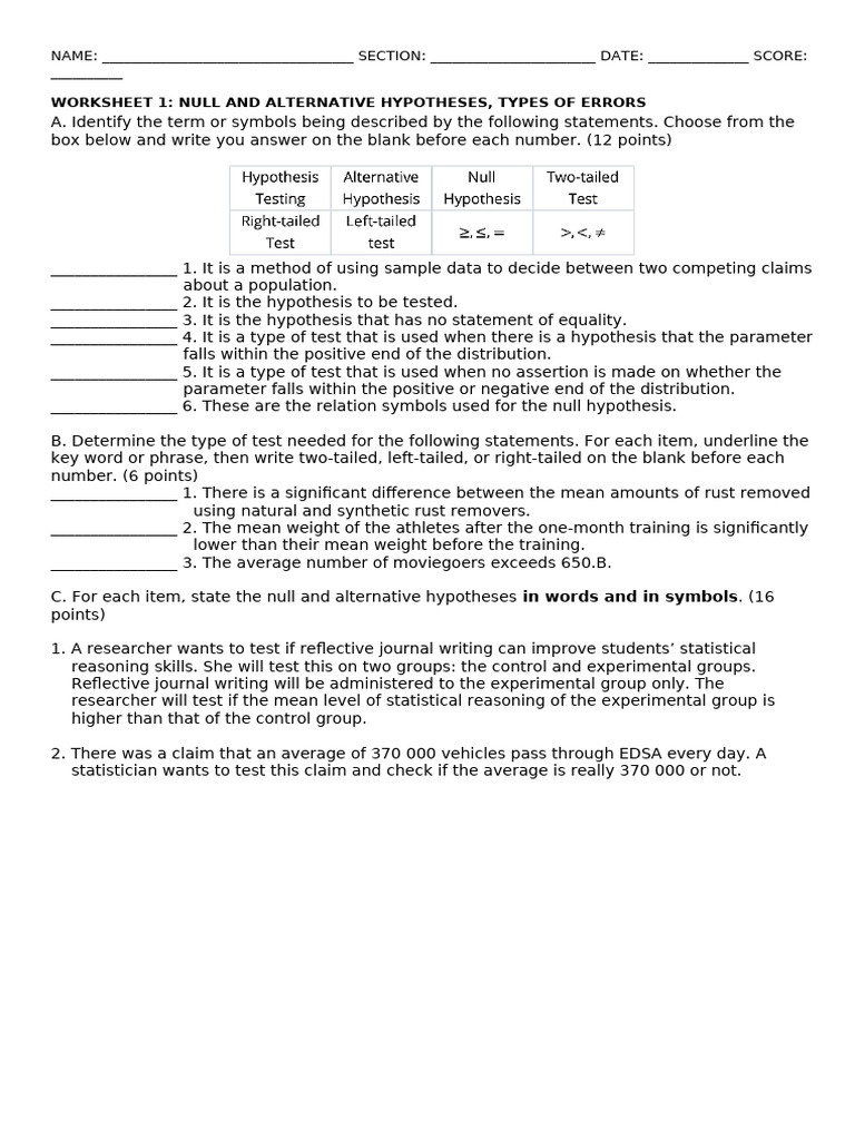 1 Null Alternative Hypotheses Types of Errors | PDF
