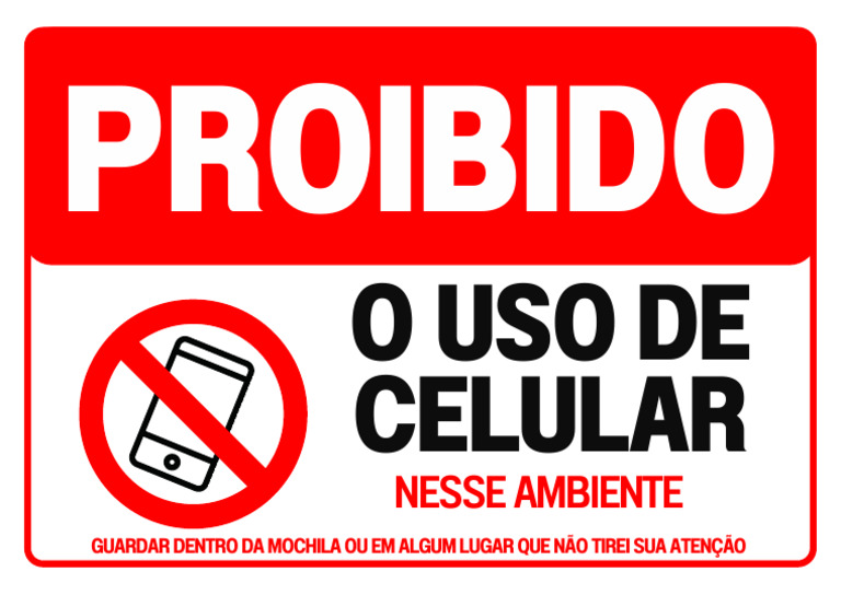 Placa de Aviso Proibido Uso de Celular Documento A4 Preto e Vermelho ...