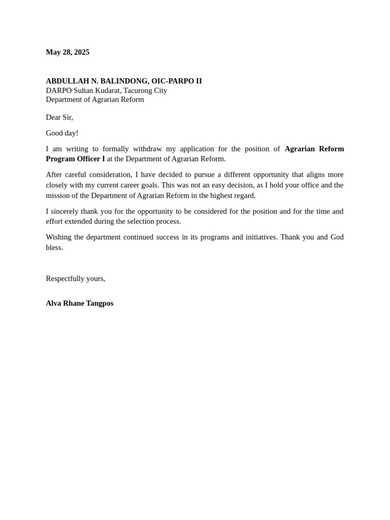 Sample Letter of Withdrawal | PDF