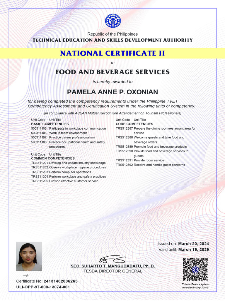 NC II Certificate in Food Services | PDF
