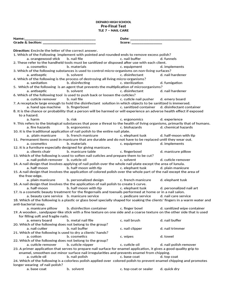 TLE 7 Nail Care Pre-Final Test | PDF | Nail (Anatomy)