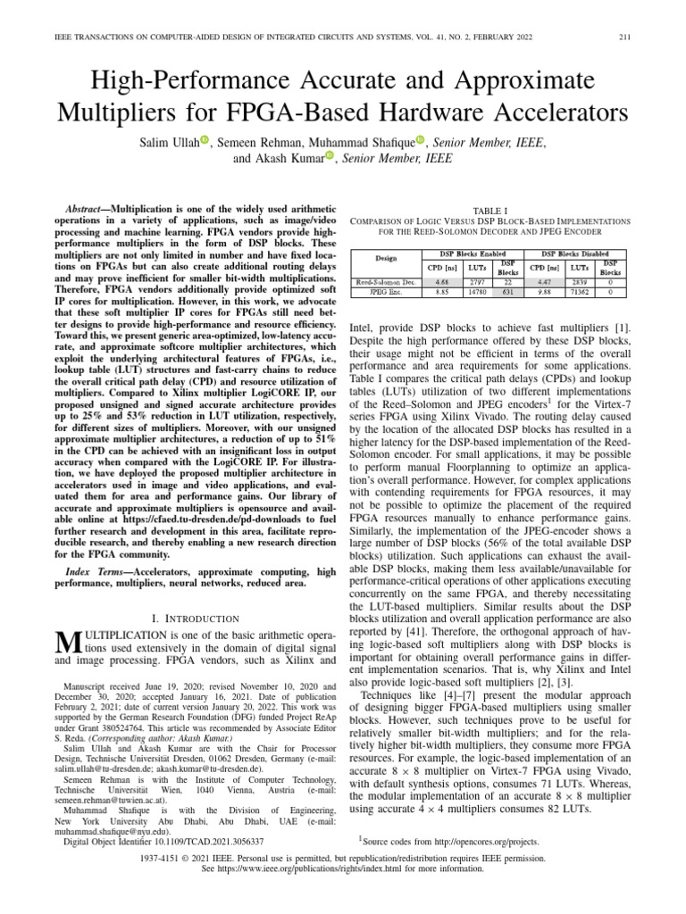 High-Performance Accurate and Approximate Multipliers For FPGA-Based Hardware Accelerators | PDF ...