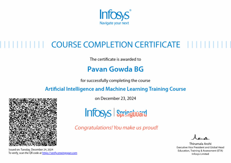 Pavan Gowda BG: Arti Cial Intelligence and Machine Learning Training ...
