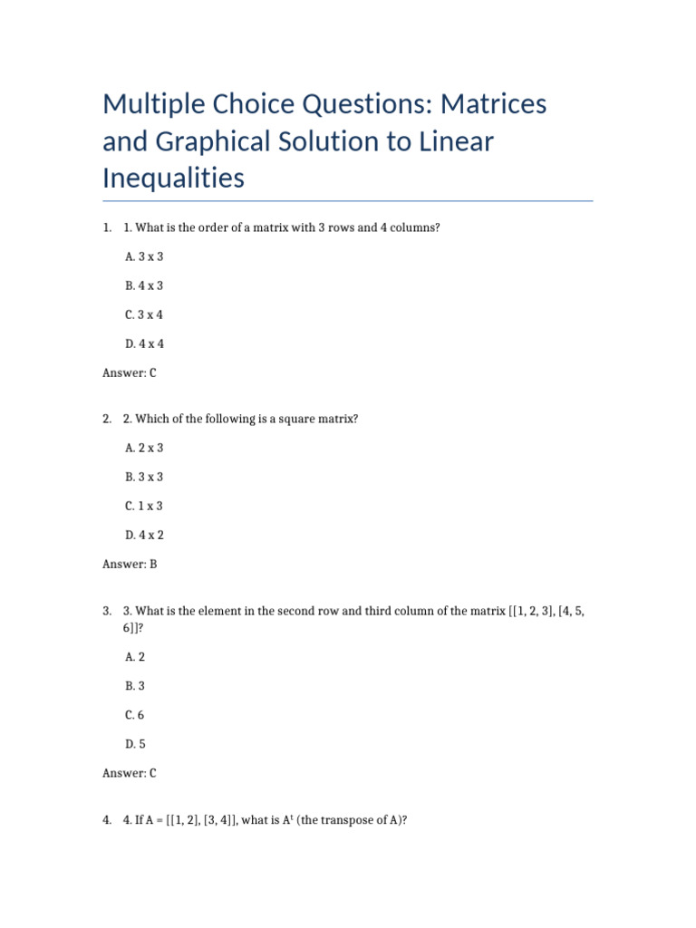 Matrices and Inequalities MCQs | PDF | Functional Analysis | Functions ...