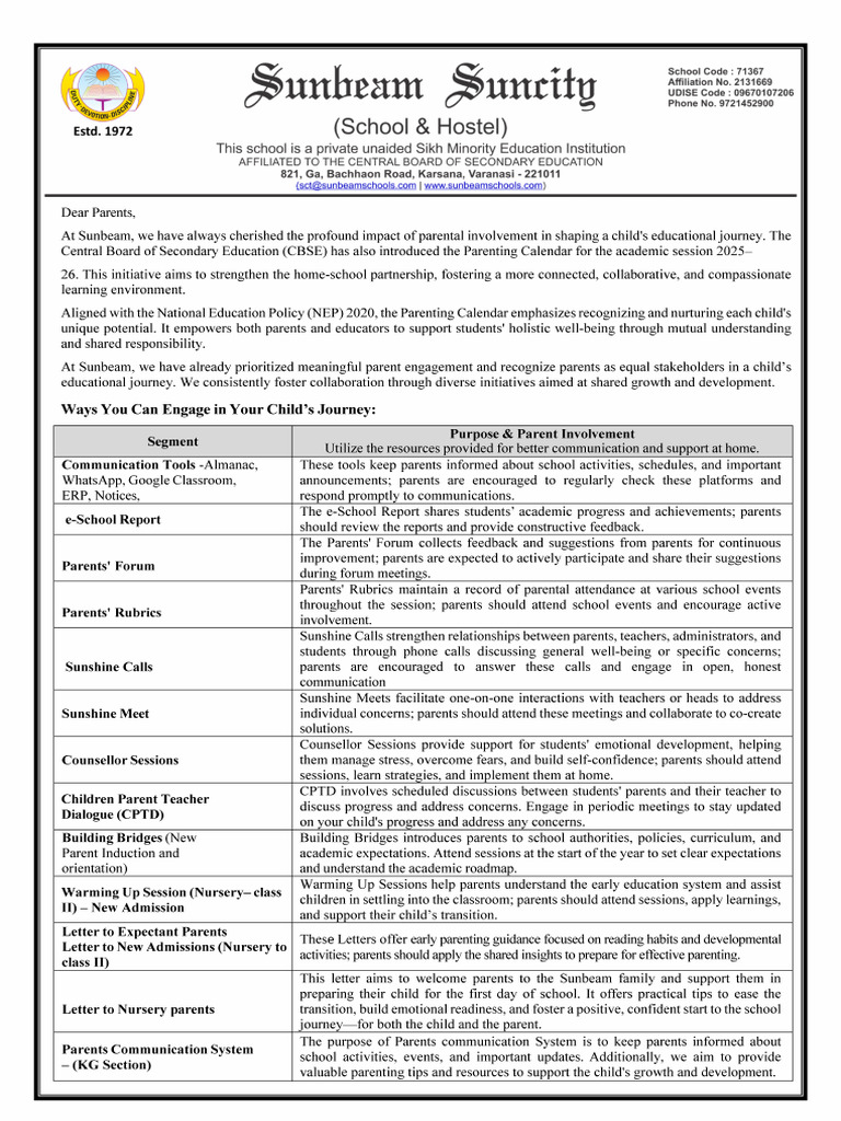 Letter - Parent Involvement (Parenting Calender) | PDF