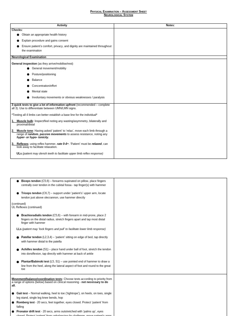 Neurological Examination Sheet 2023 | PDF | Anatomical Terms Of Motion ...