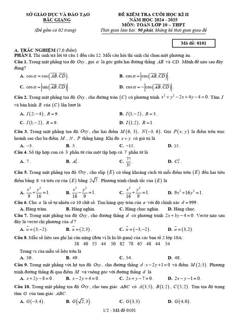 De Kiem Tra Cuoi Hoc Ki 2 Toan 10 Nam 2024 2025 So GDDT Bac Giang | PDF