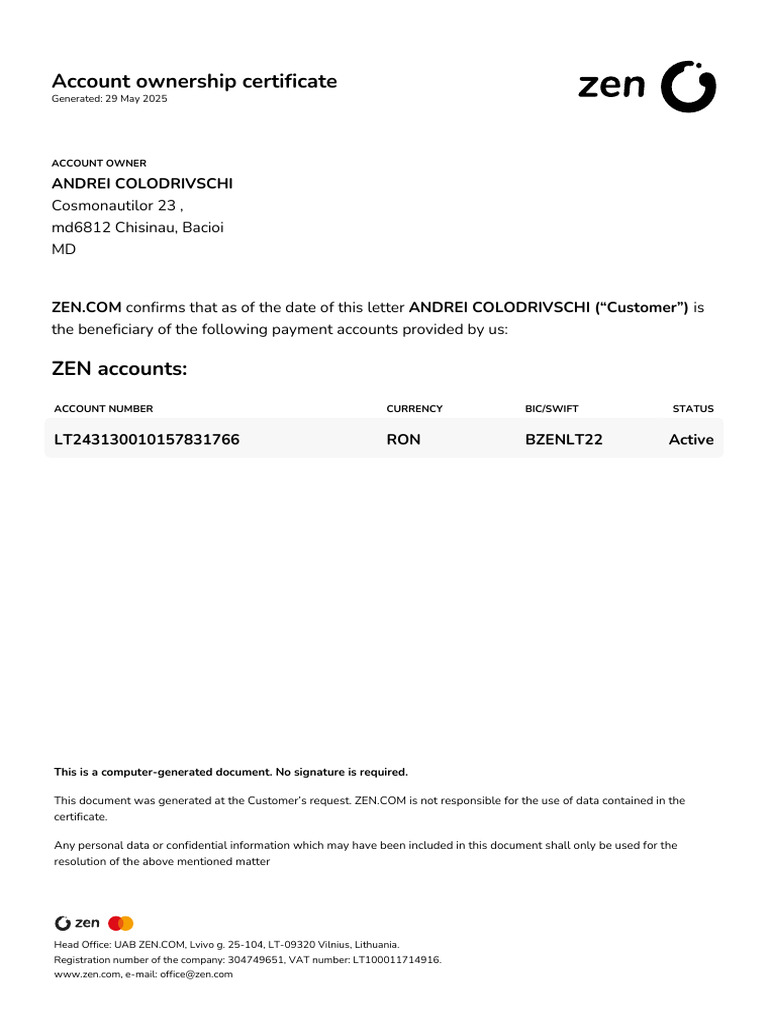 Andrei Colodrivschi Account Ownership Certificate | PDF