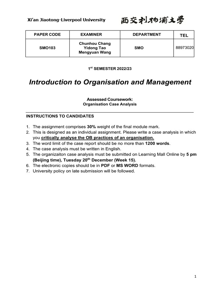 SMO103 AY2223 Organization Case Analysis Student Task Sheet | PDF | Analysis | Critical Thinking