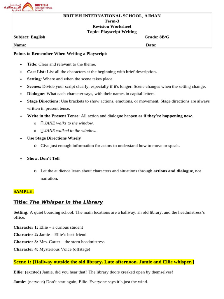 Revision Worksheet - Play Script | PDF