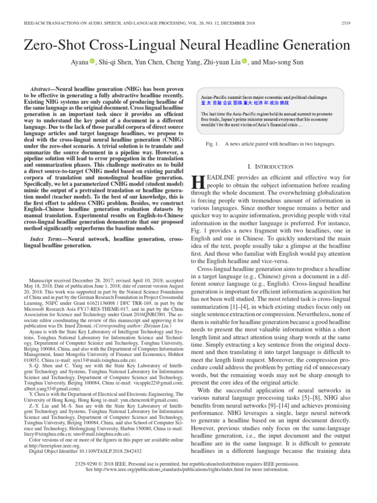 Zero-Shot Cross-Lingual Neural Headline Generation | PDF | Cognitive Science | Learning