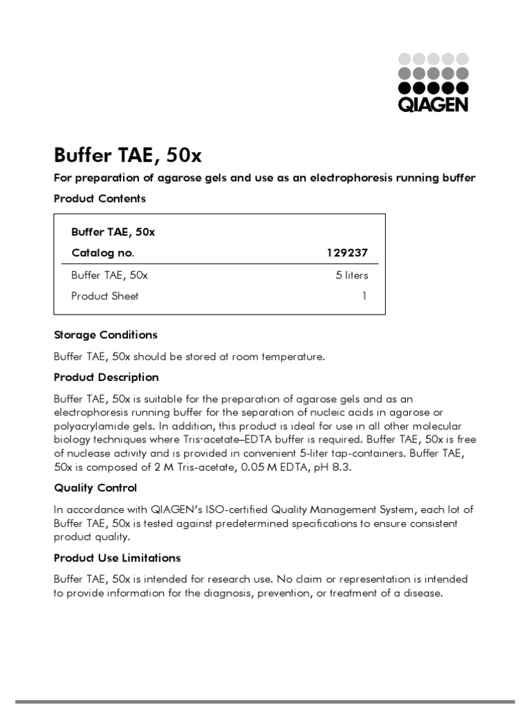 Buffer TAE Specifications | PDF | Gel Electrophoresis | Agarose Gel ...