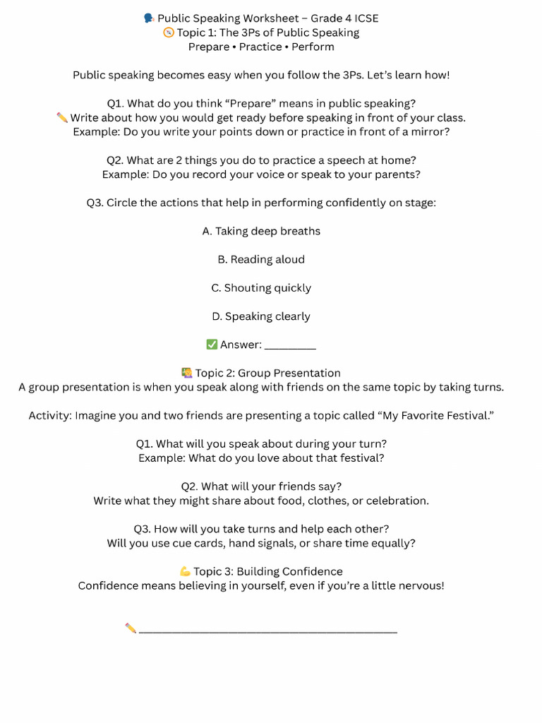 ? Public Speaking Worksheet - Grade 4 ICSE ? Topic 1 The 3Ps of Public ...