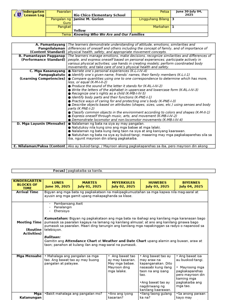 Kindergarten DLL Matatag Q1 Week 3 | PDF
