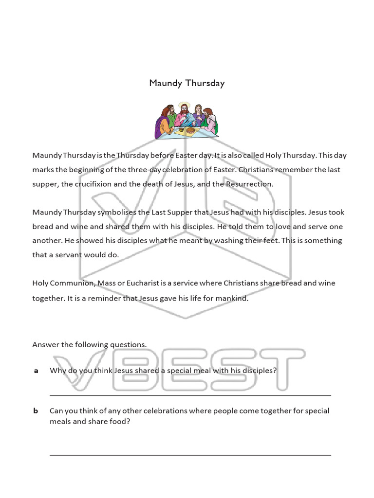 Reading Comprehension Maundy Thursday Reading Comprehension Exercises ...