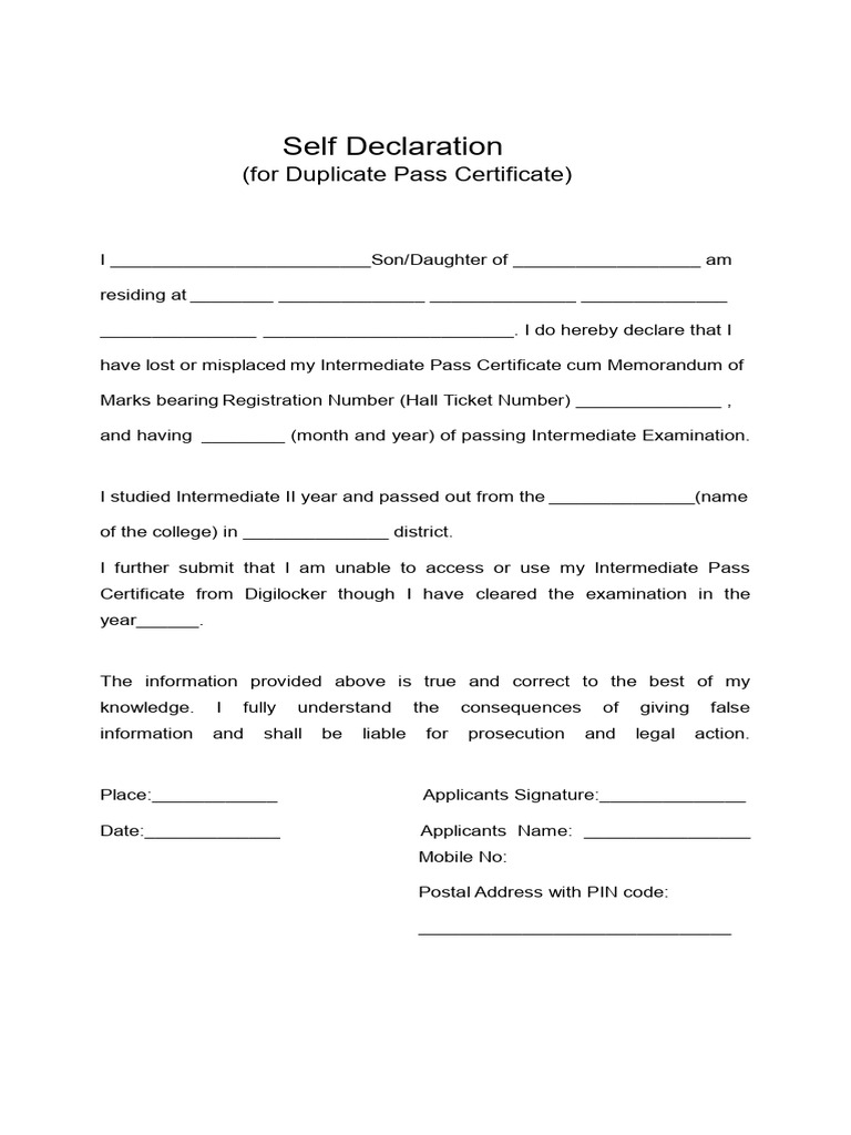 Self Declaration For Duplicate Pass Certificate | PDF