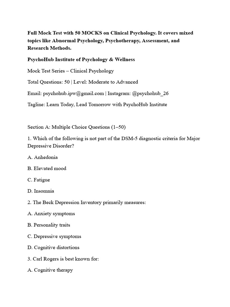 Full Mock Test With 50 MOCKS On Clinical Psychology | PDF ...