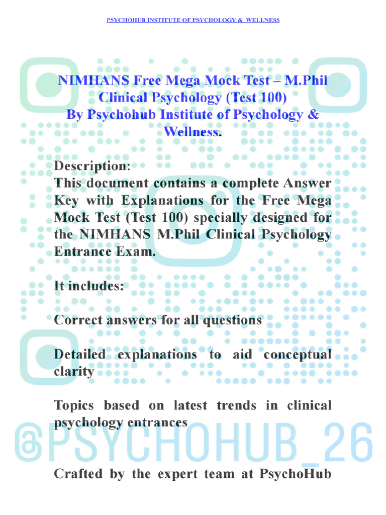 NIMHANS Free Mega Mock Test by PSYCHOHUB INSTITUTE | PDF
