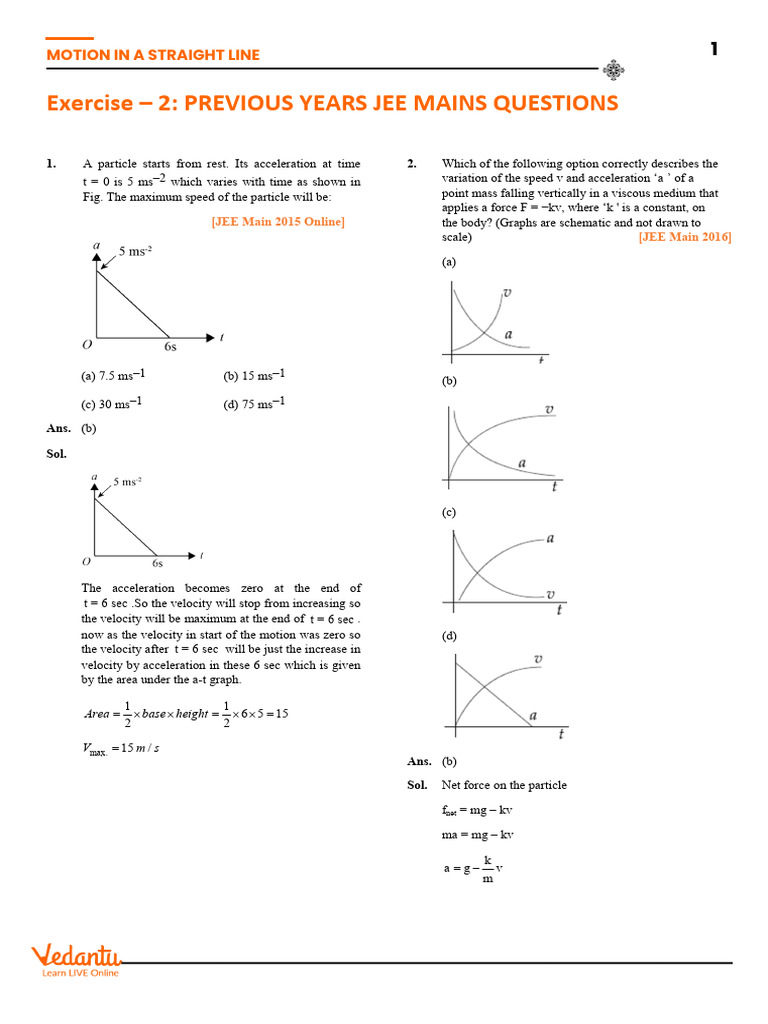 JEE Main Motion in a Straight Line Solutions | PDF | Acceleration ...