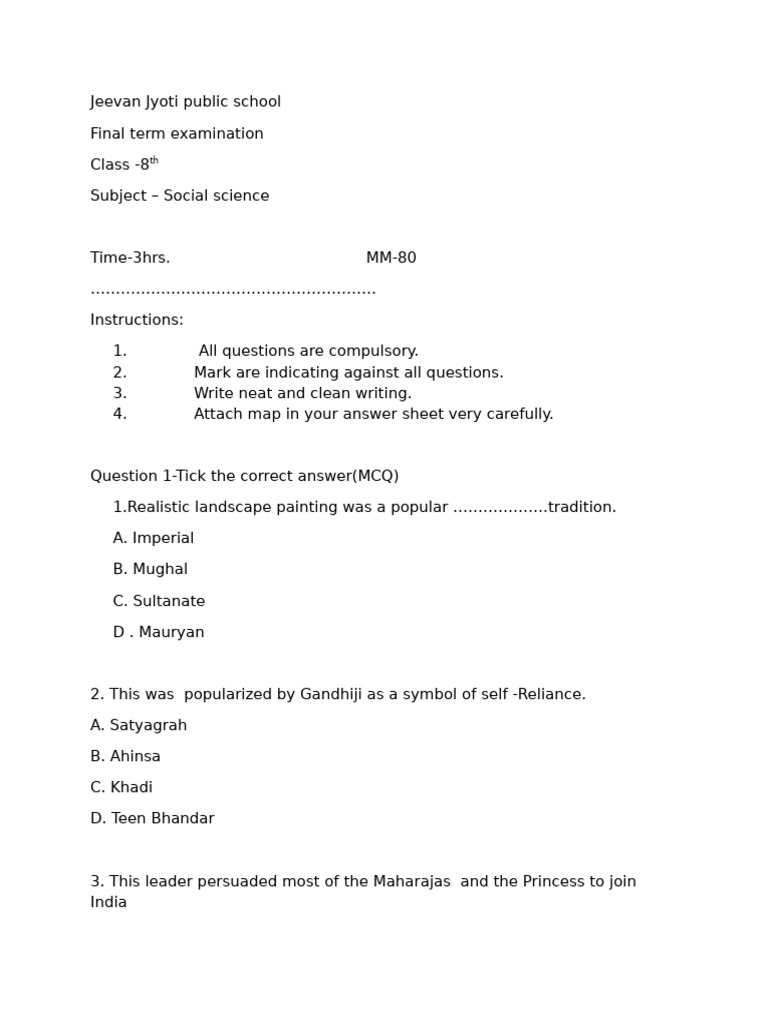 Final Term Examination Class 8 | PDF | Indian Nationalism