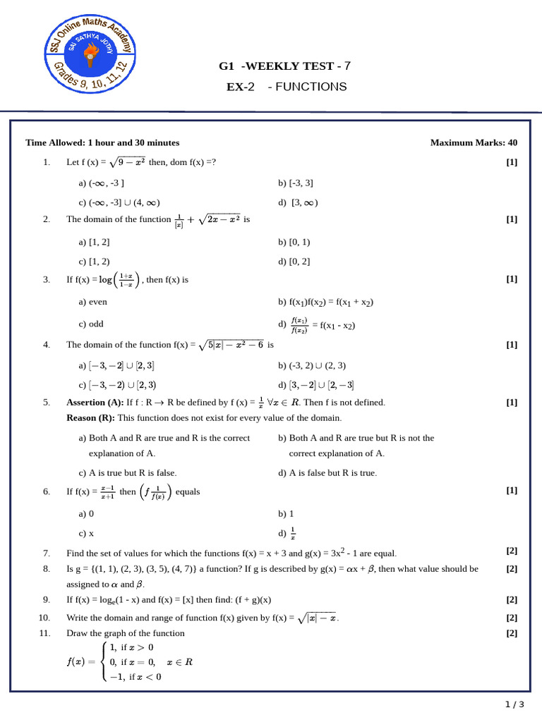 g11 QP Wt7 Exercise 2.3 Functions | PDF | Function (Mathematics) | Functions And Mappings