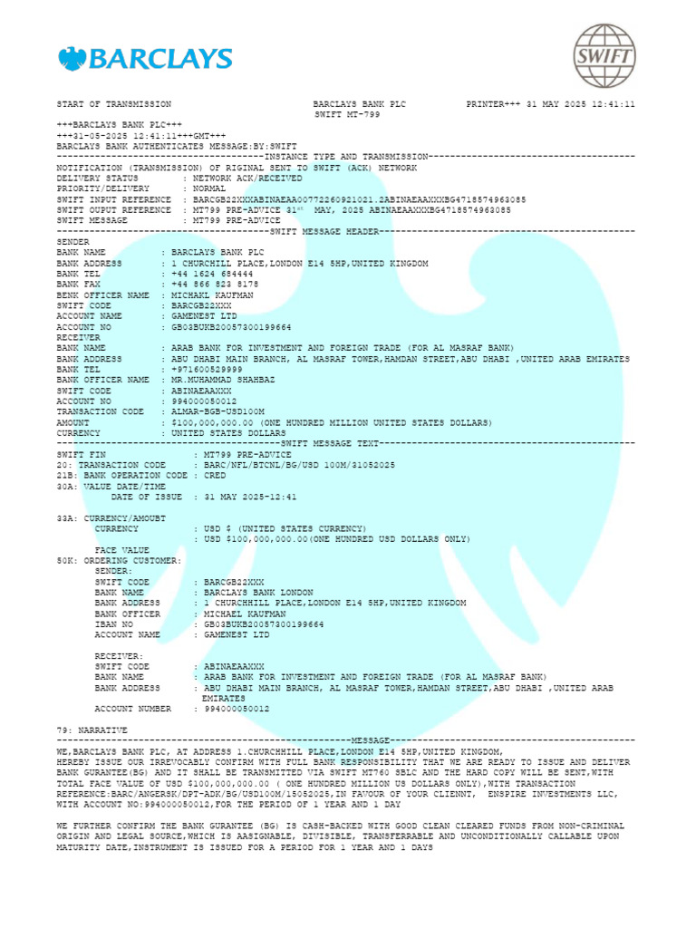 MT799 100 Mil Swift Original | PDF | United States Dollar | Financial ...