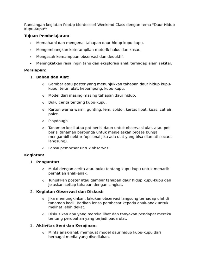 Rancangan Kegiatan PopUp Montessori Weekend Class Dengan Tema | PDF