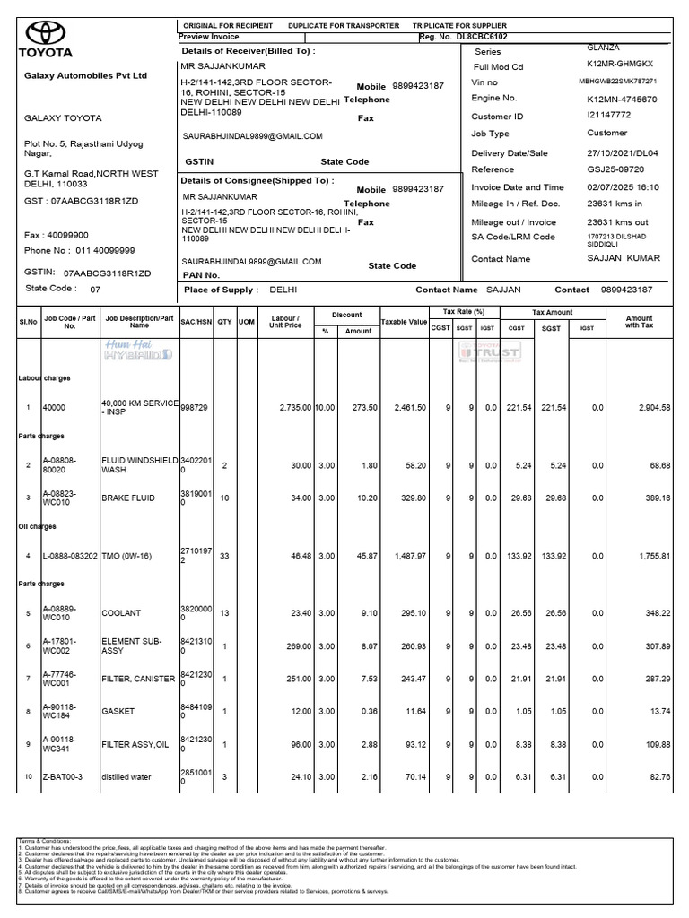 Galaxy Toyota Service Invoice Details | PDF | Invoice