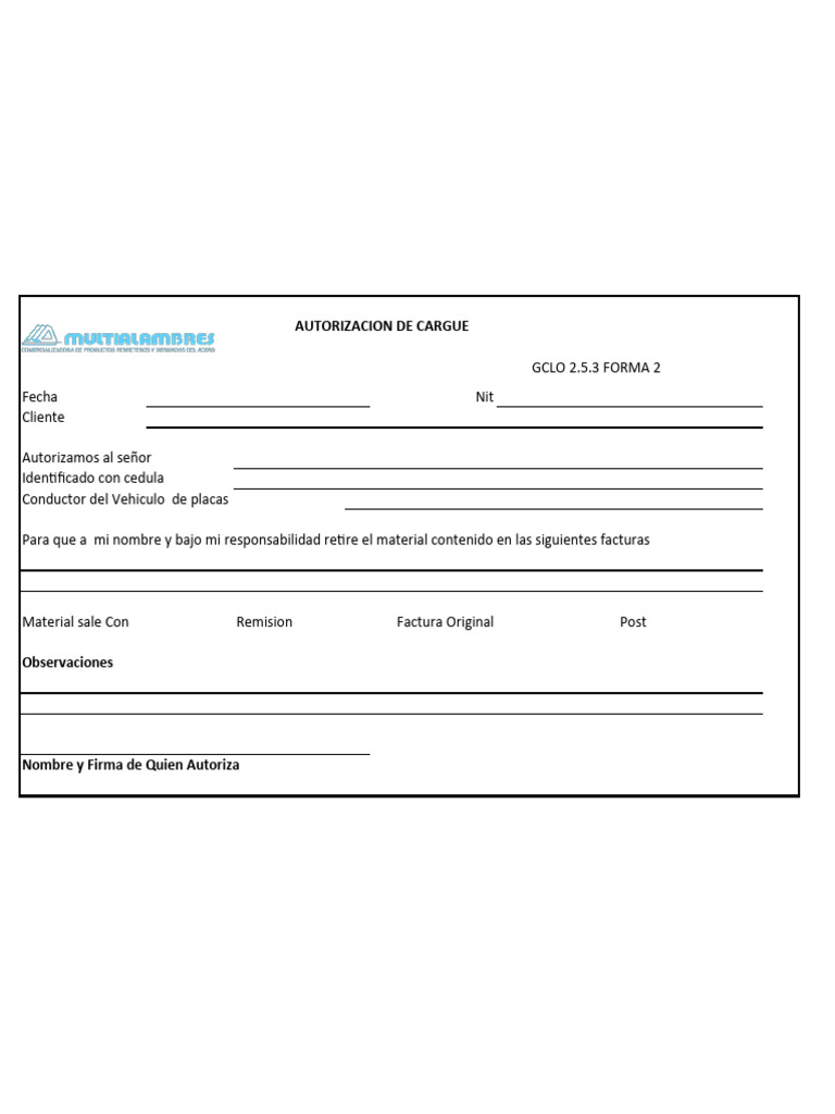 MULTIALAMBRES-Autorizacion de Cargue | PDF