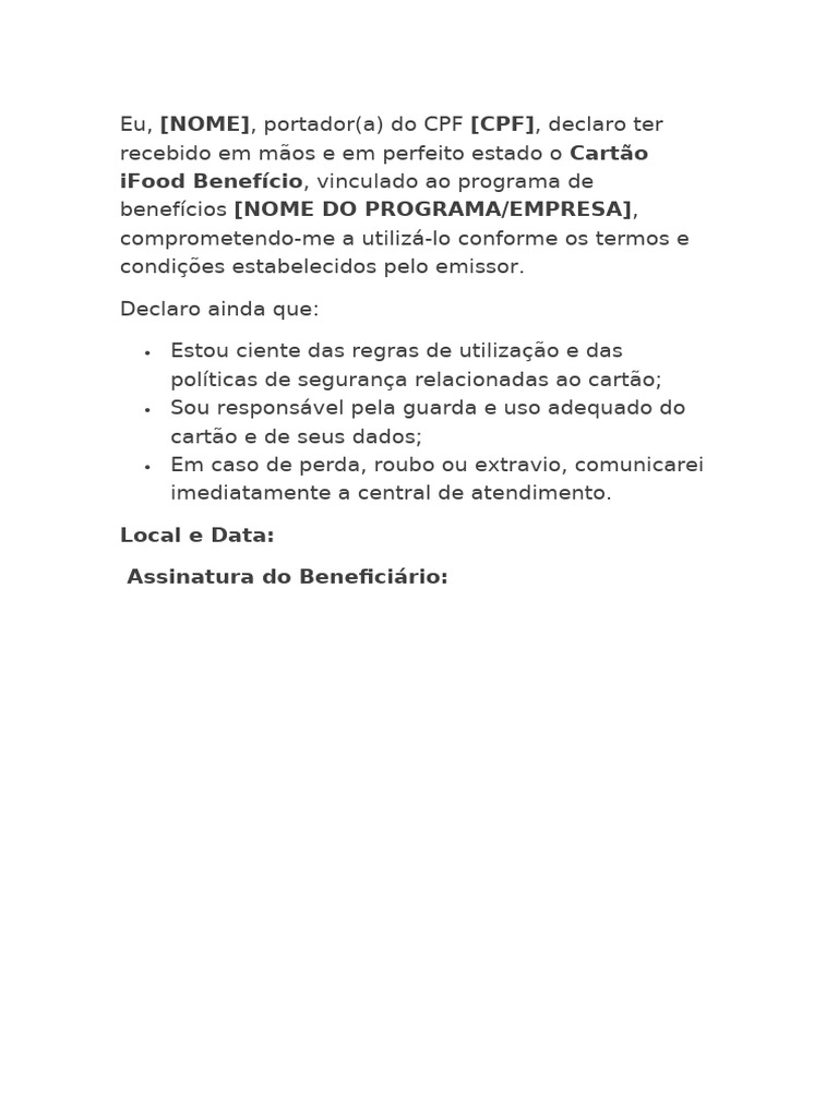 Documento de Entrega Do Cartão Beneficio Ifood | PDF